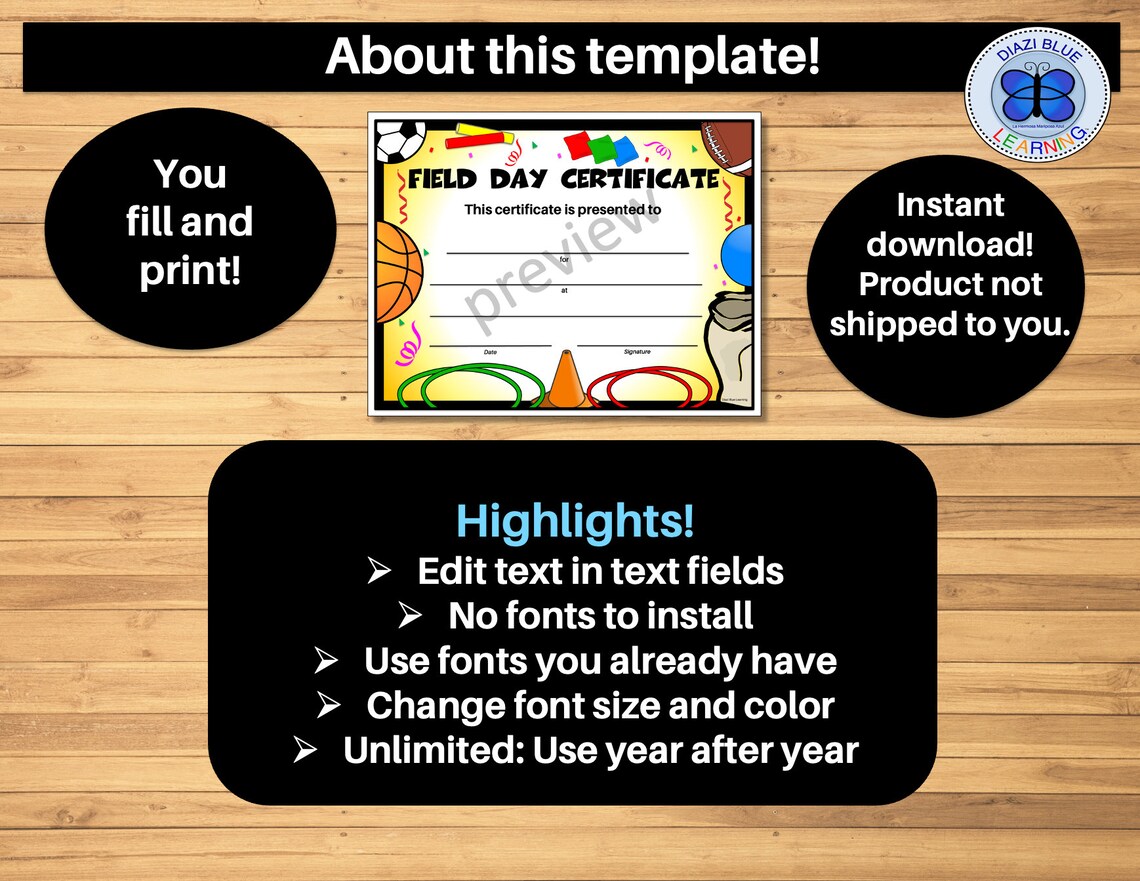 Field Day Certificate #1, Field Day Award, Editable Field Day ...