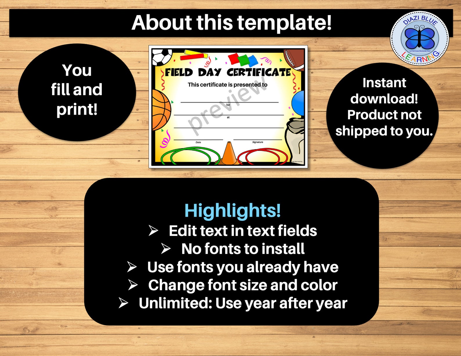 Field Day Certificate #1, Field Day Award, Editable Field Day ...