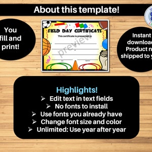 Field Day Certificate #1, Field Day Award, Editable Field Day ...