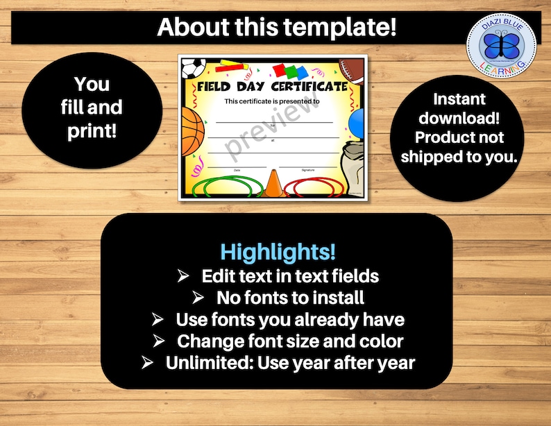 Field Day Certificate #1, Field Day Award, Editable Field Day ...