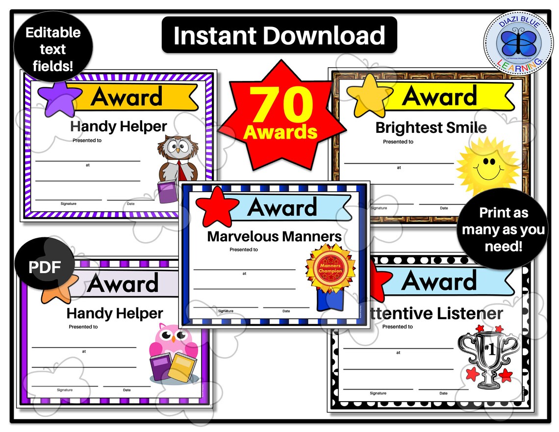 70 End of Year Award Certificates, Editable Student Certificates, End ...