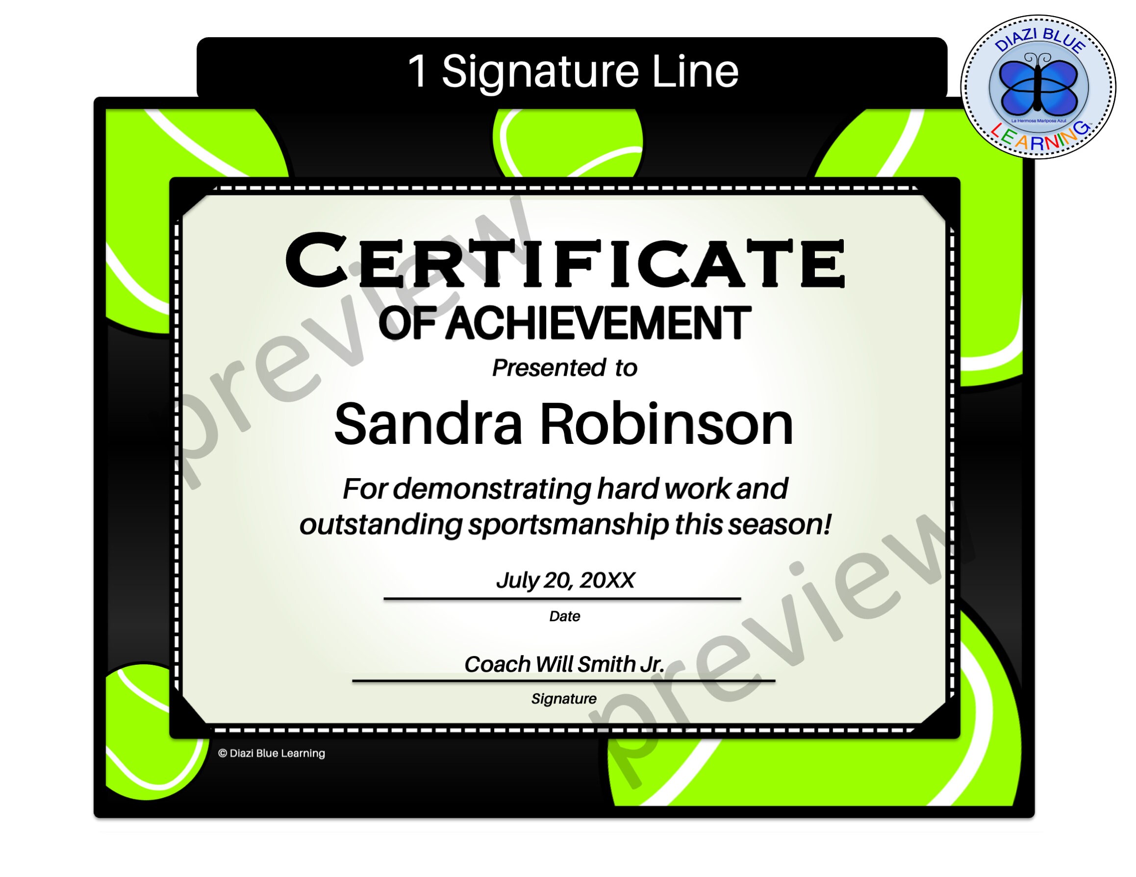 Editable Tennis Certificate, Tennis Certificate With 1 or 2 Signature ...