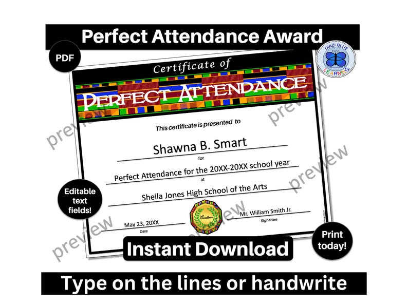 Kente Perfect Attendance Award Certificate, Editable Perfect Attendance ...