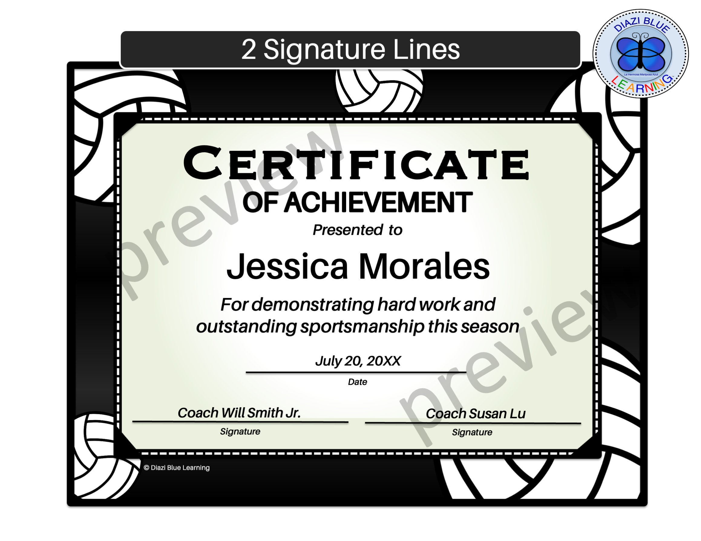 Editable Volleyball Certificate, Volleyball Certificate With 1 or 2 ...