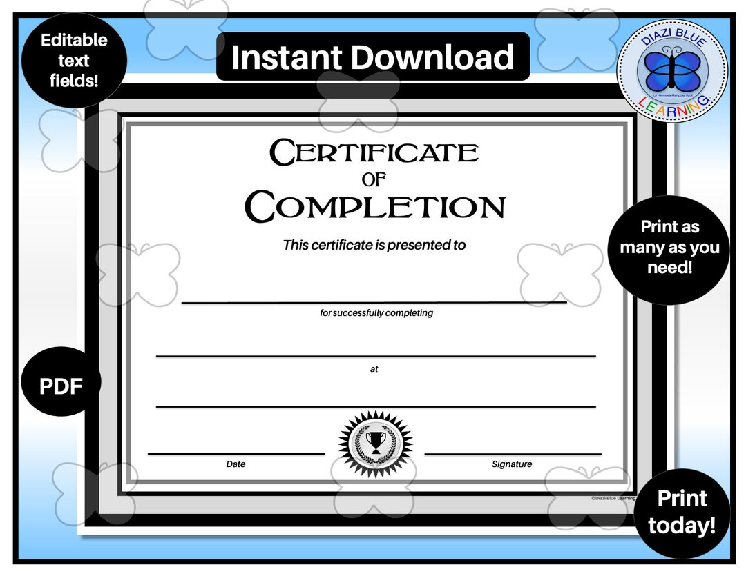 Certificate of Completion PDF, Editable Certificate of Completion, End ...