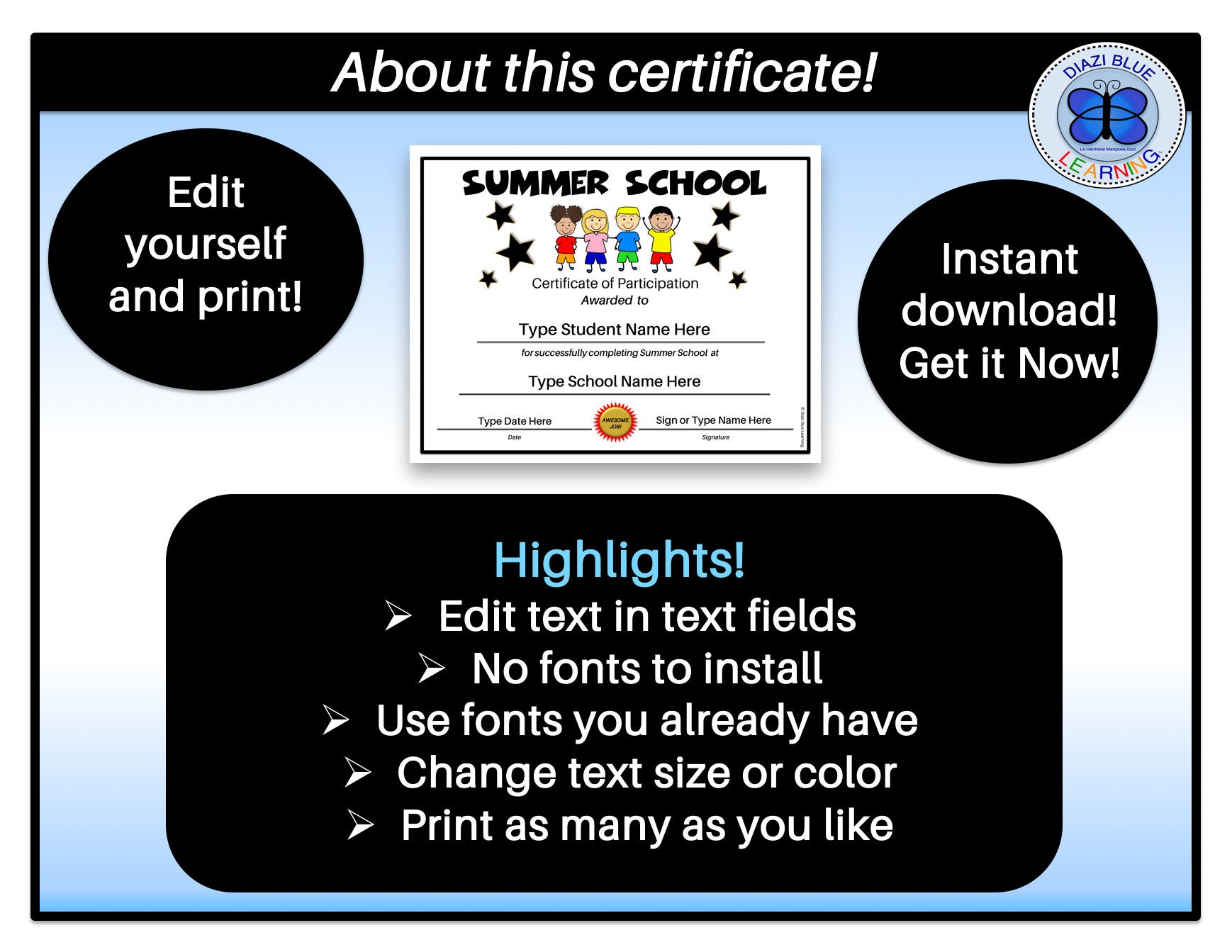 Summer School Certificate, Editable Summer School Certificate ...
