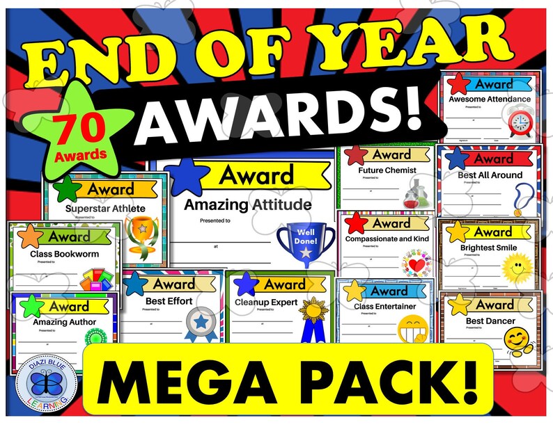 70 End of Year Award Certificates, Editable Student Certificates, End ...