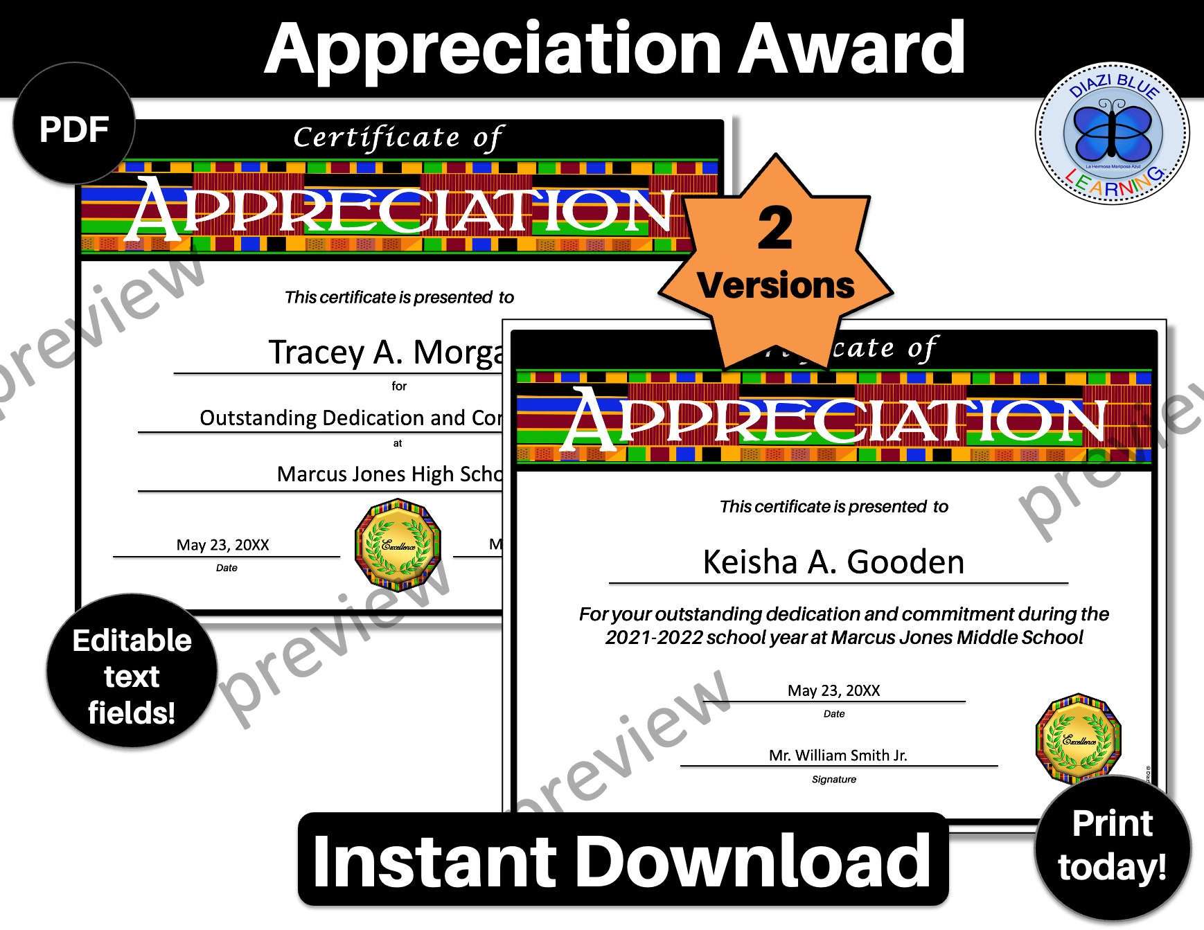 Kente Appreciation Award With Bonus Certificate, Editable Certificate ...