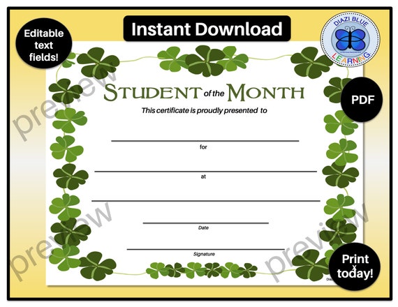 March Student of the Month Certificate March Student of the | Etsy