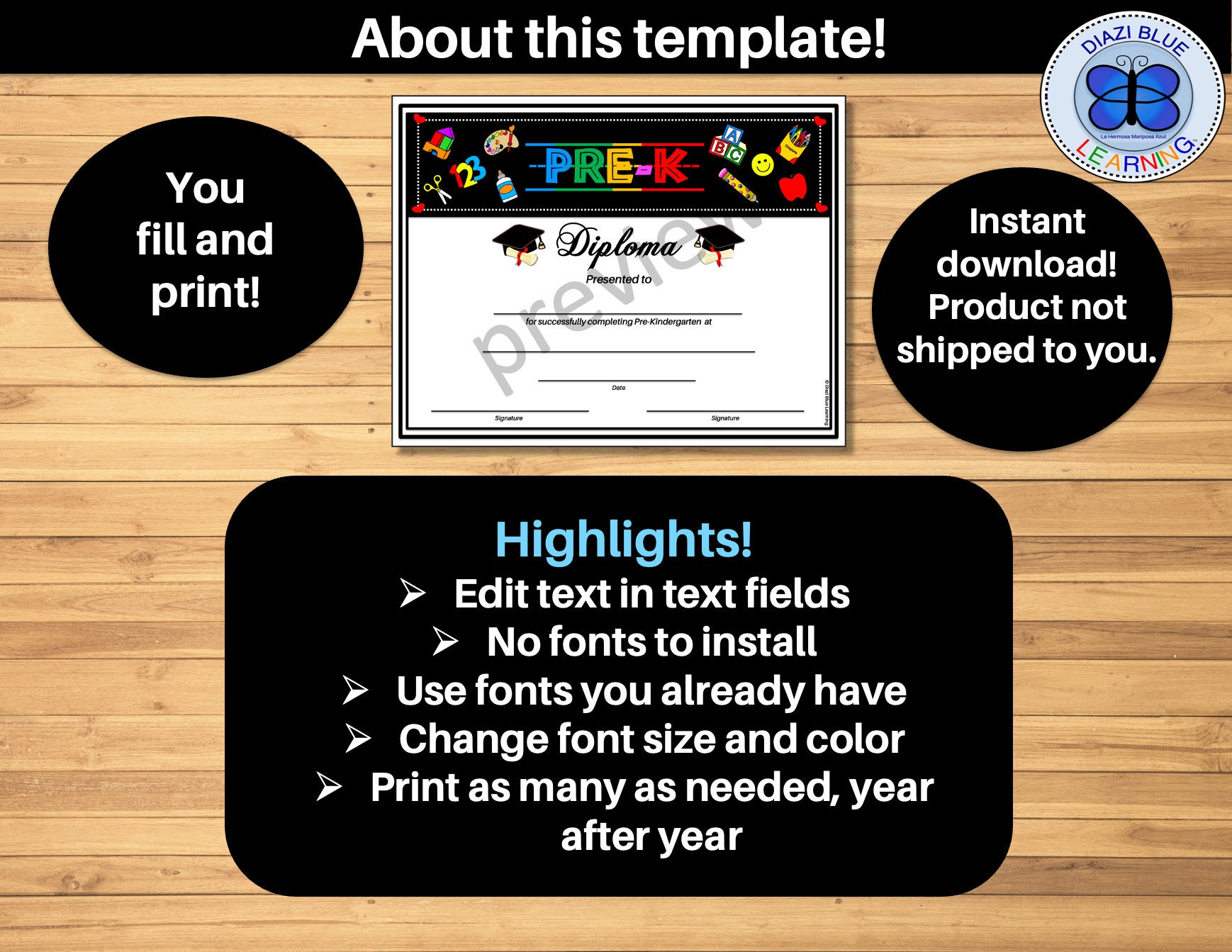 Pre-k Diploma, Pre-k Graduation Diploma, Fillable Prekindergarten ...