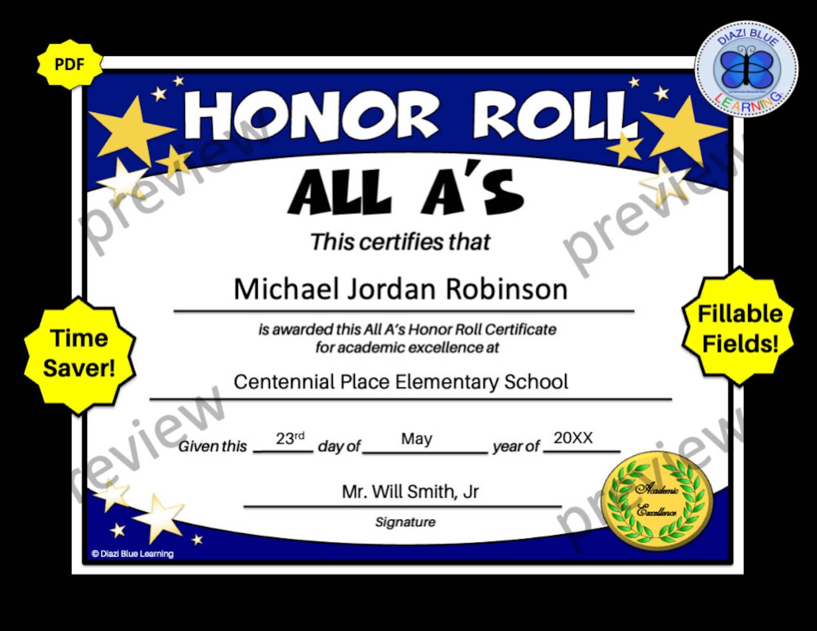 Honor Roll Certificates, 7 Pack Stars Honor Roll Certificates, Fillable ...