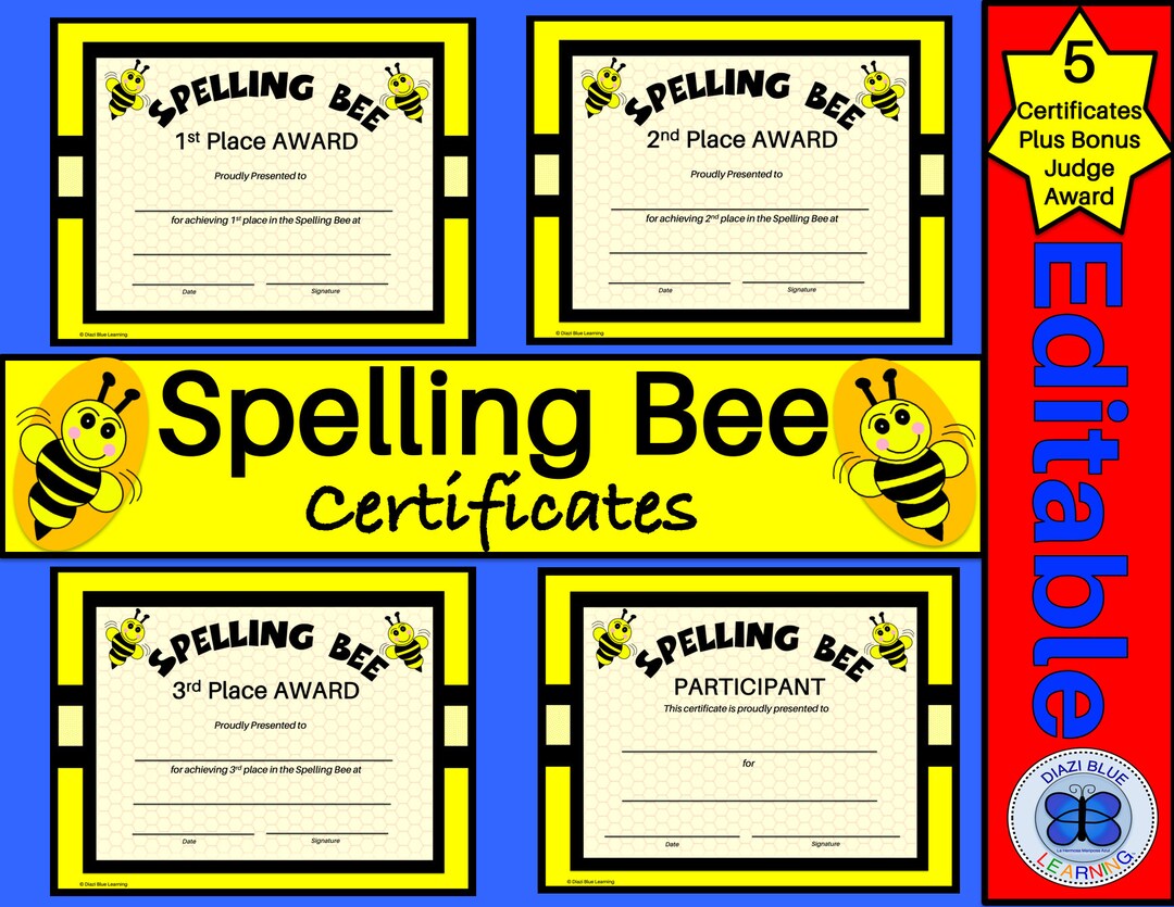 Spelling Bee Award Certificates, Spelling Bee Certificates, Editable ...