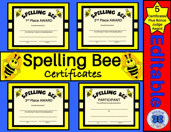 Editable Spelling Bee Certificates Spelling Bee Printable