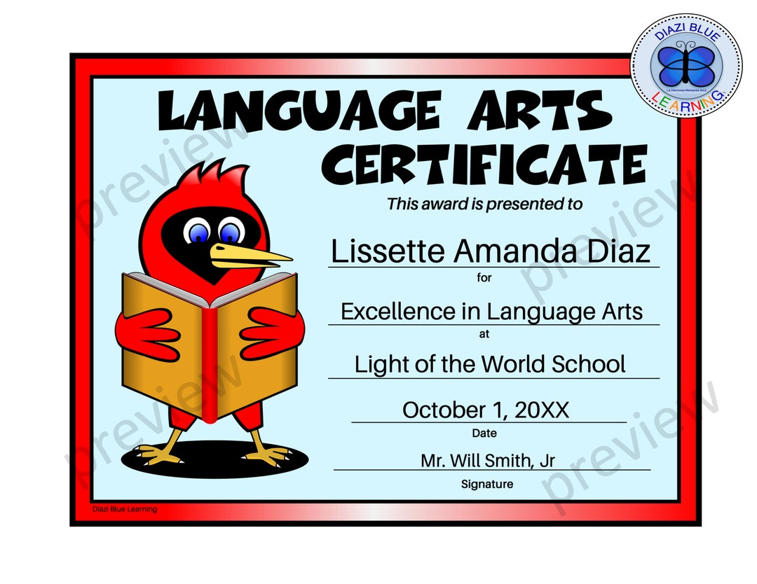 Language Arts Certificate, Red Bird Language Arts Certificate, Editable ...