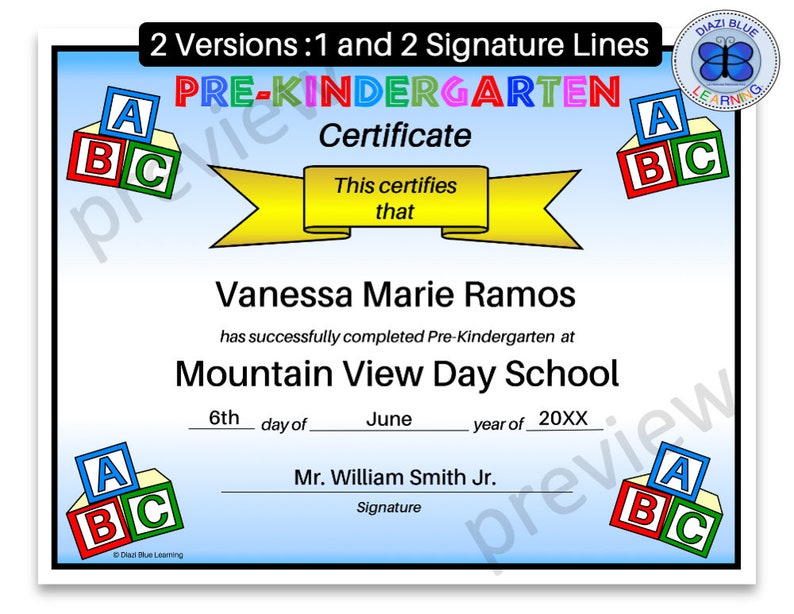 Pre-k Graduation Certificates 1 and 2 Signature Versions, Fillable Pre ...