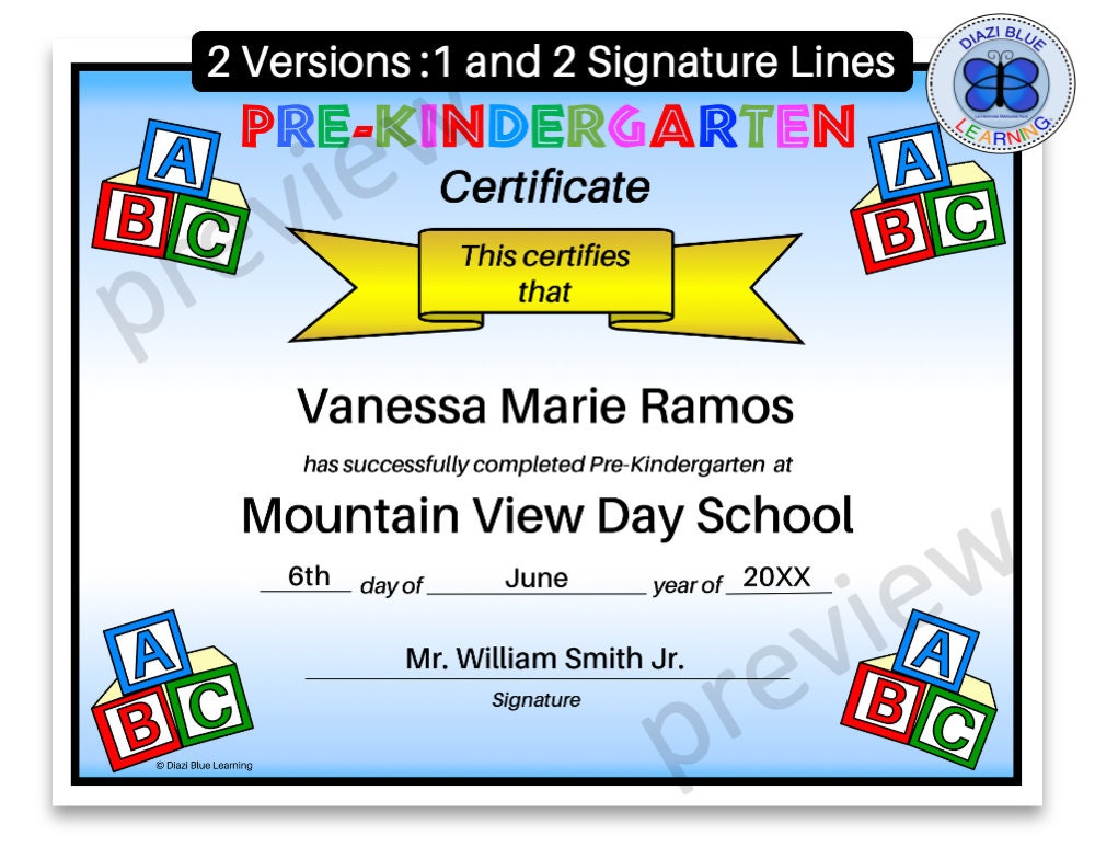 Pre-k Graduation Certificates 1 and 2 Signature Versions, Fillable Pre ...