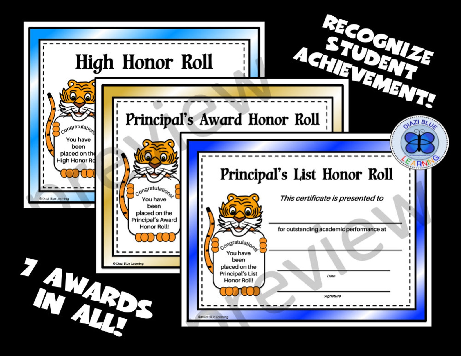 Tiger Honor Roll Certificates, 7 Pack Honor Roll Certificates, Tiger ...