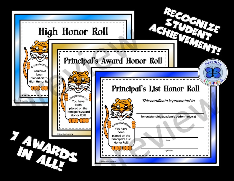 Tiger Honor Roll Certificates, 7 Pack Honor Roll Certificates, Tiger ...