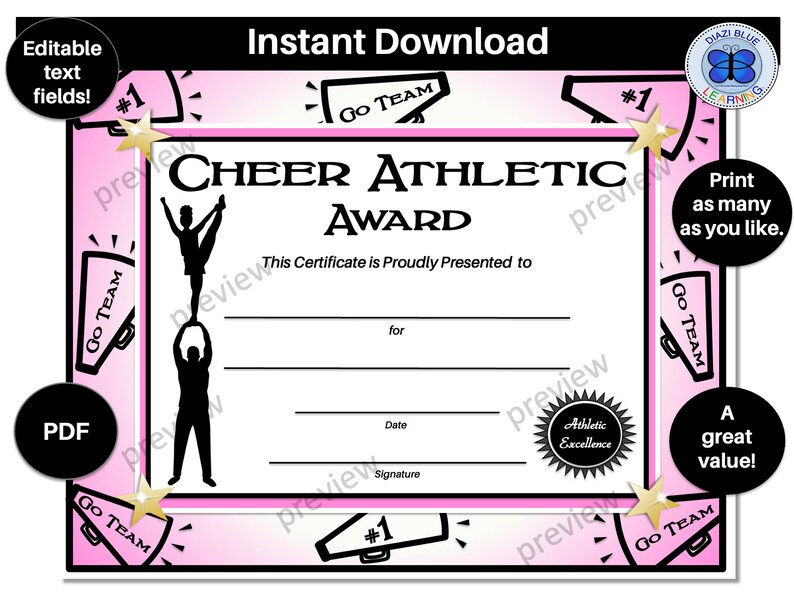 Editable Cheerleader Certificate Cheerleading Certificate | Etsy