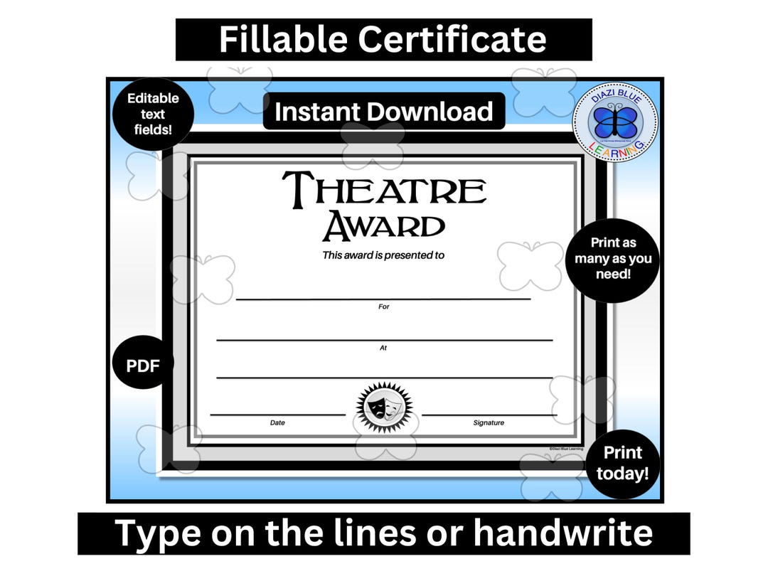 Editable Theatre Award PDF, Printable Theatre Certificate Award, End of ...