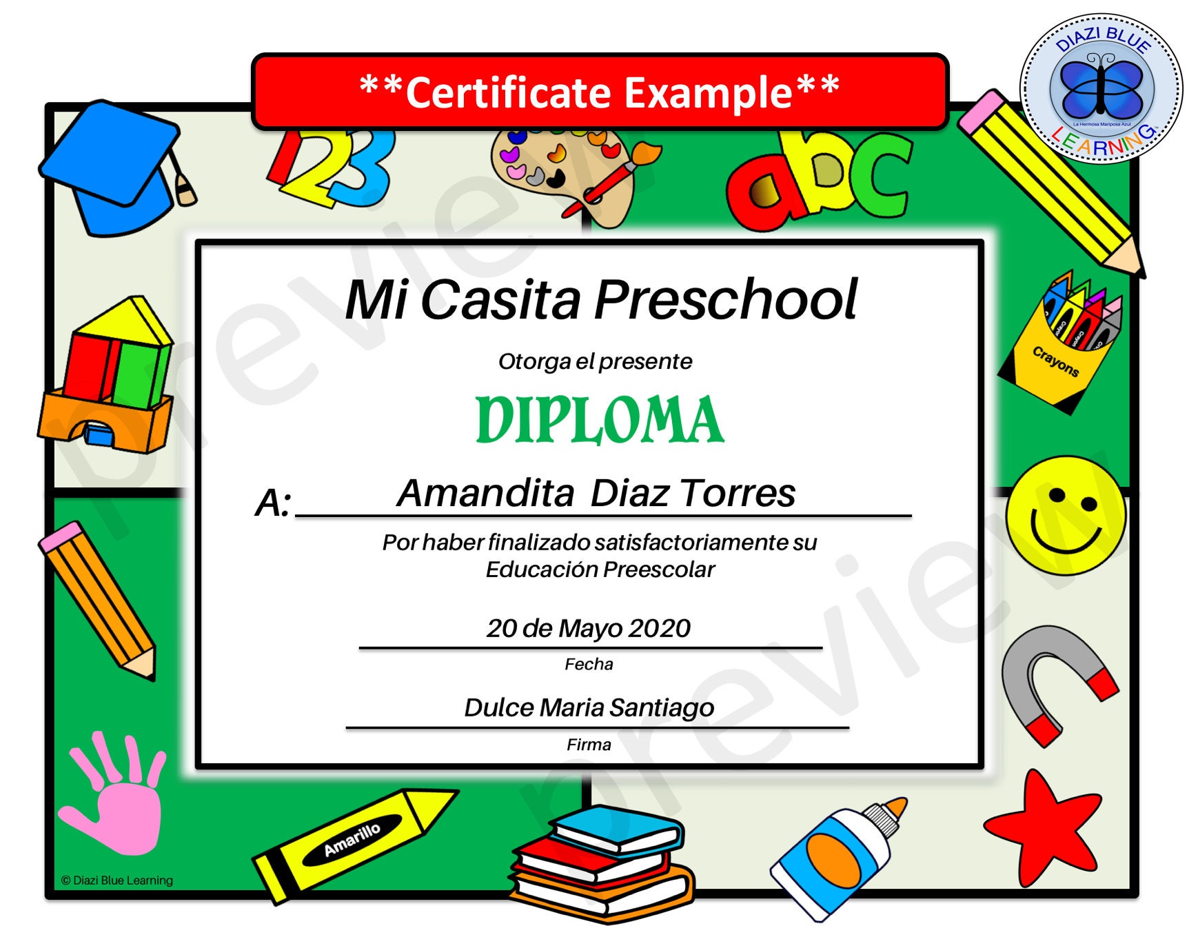 Spanish Preschool Diploma, Diploma Preescolar, Editable Spanish Diploma ...