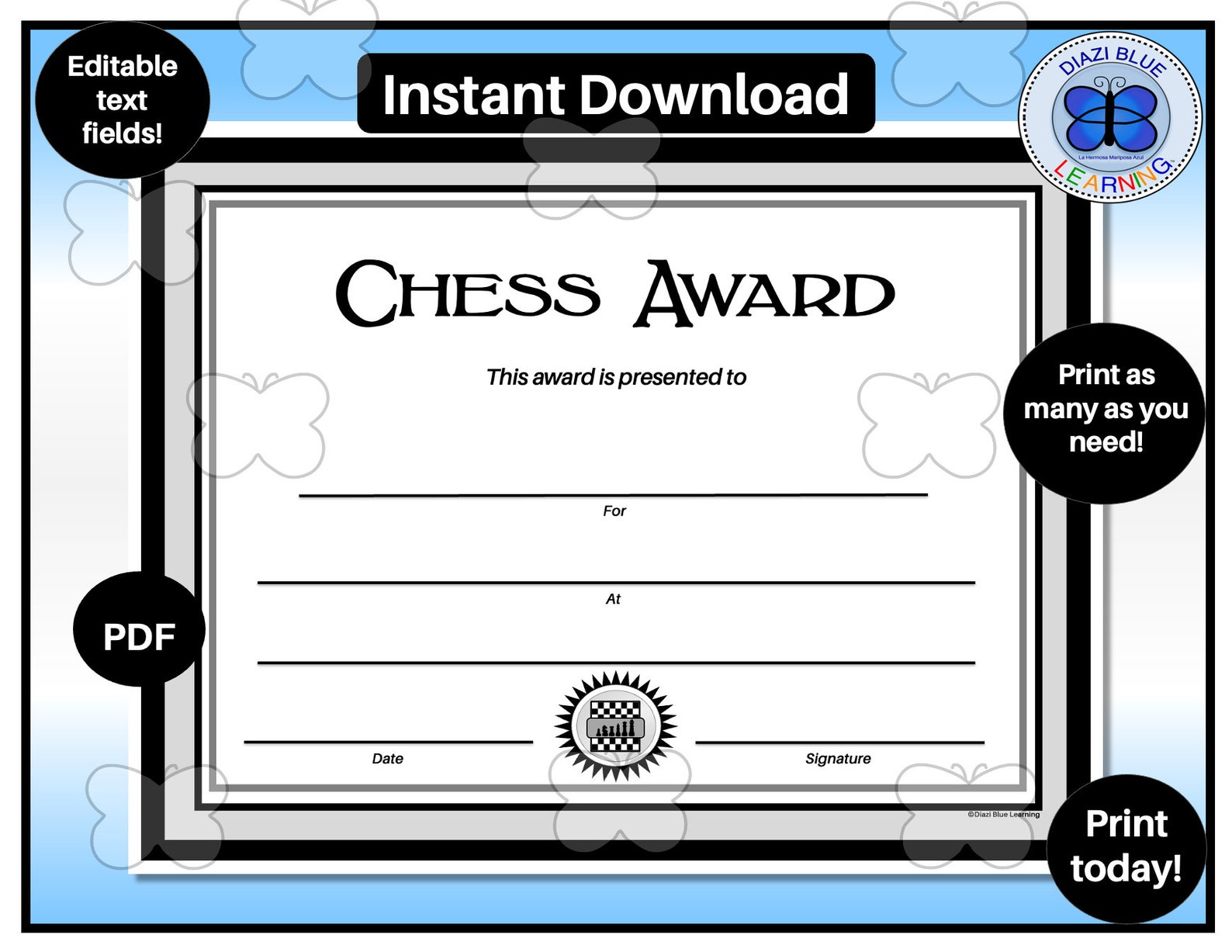 Editable Chess Award PDF, Printable Chess Certificate Award, End of ...