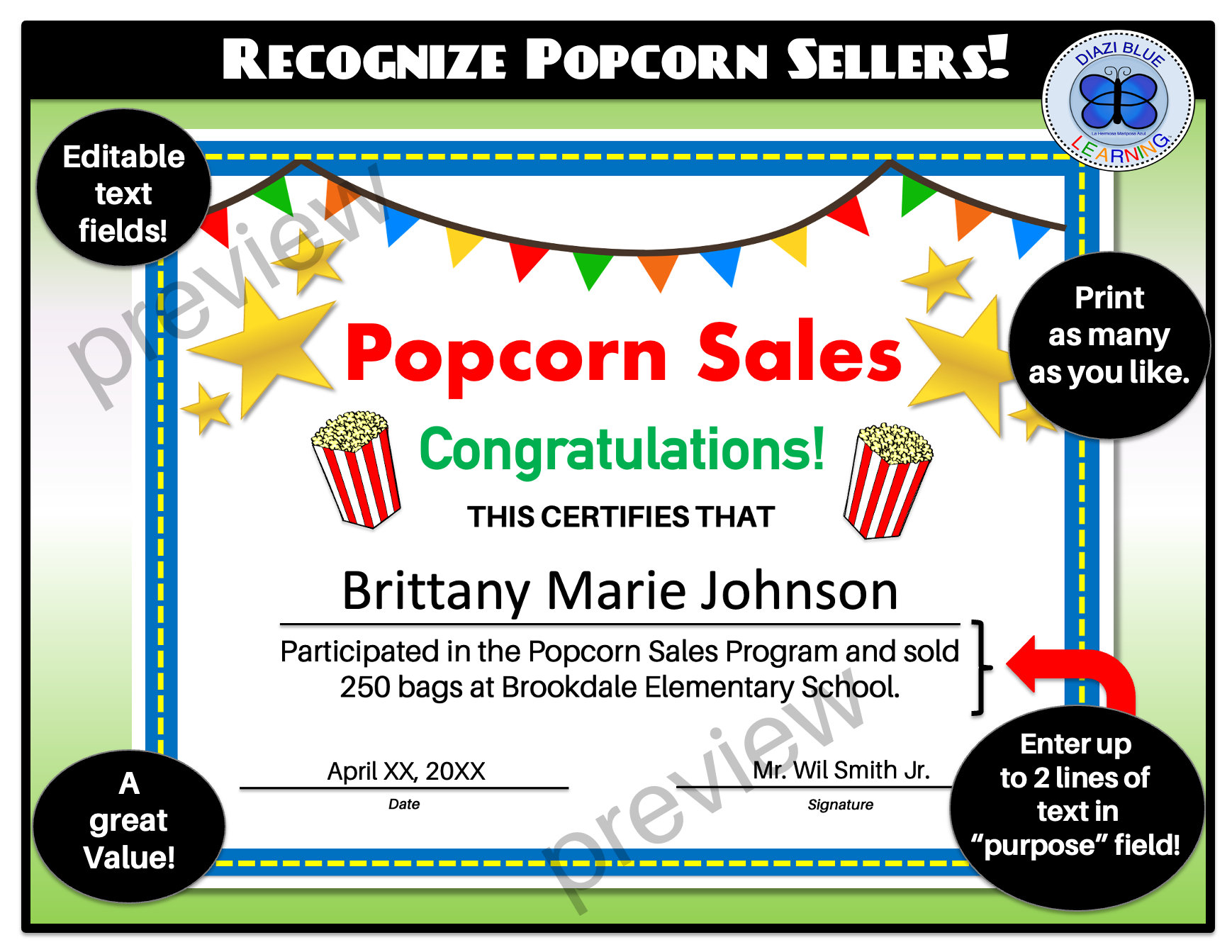 Popcorn Sales Award Certificate, Editable School Popcorn Sales Award ...