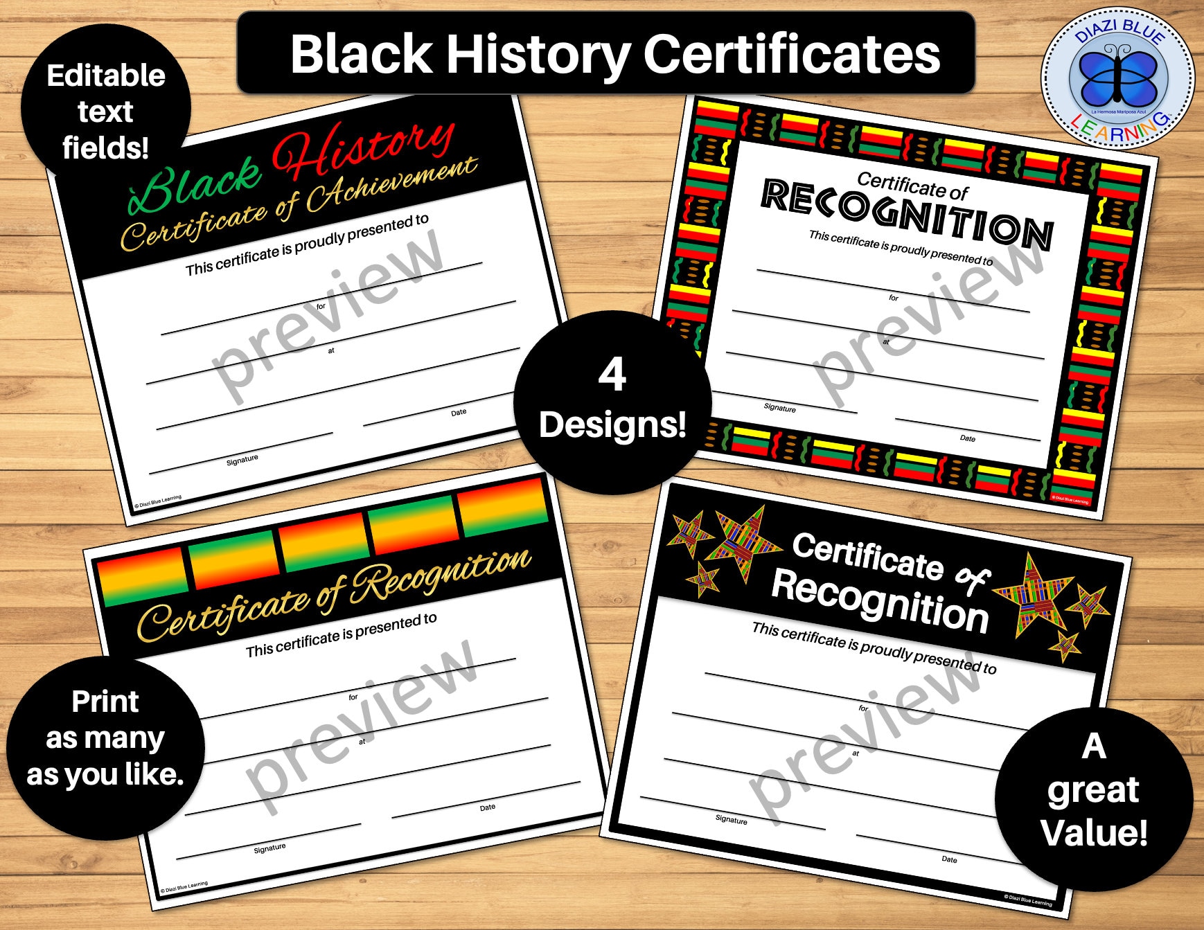 Black History Certificate of Achievement, Set of 4, Certificate of ...