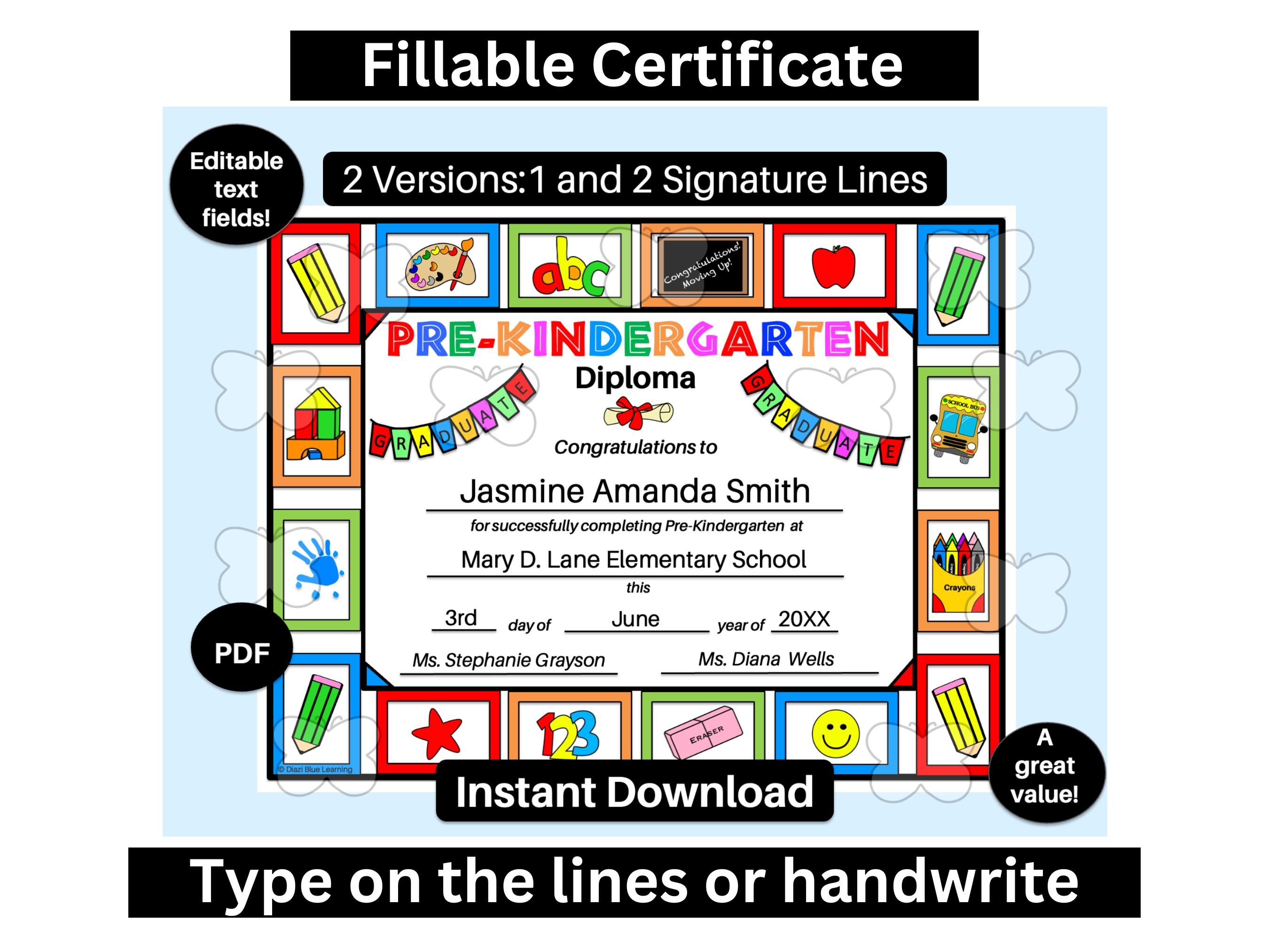 Pre-k Diploma, Pre-k Graduation Diploma, Fillable Prekindergarten ...