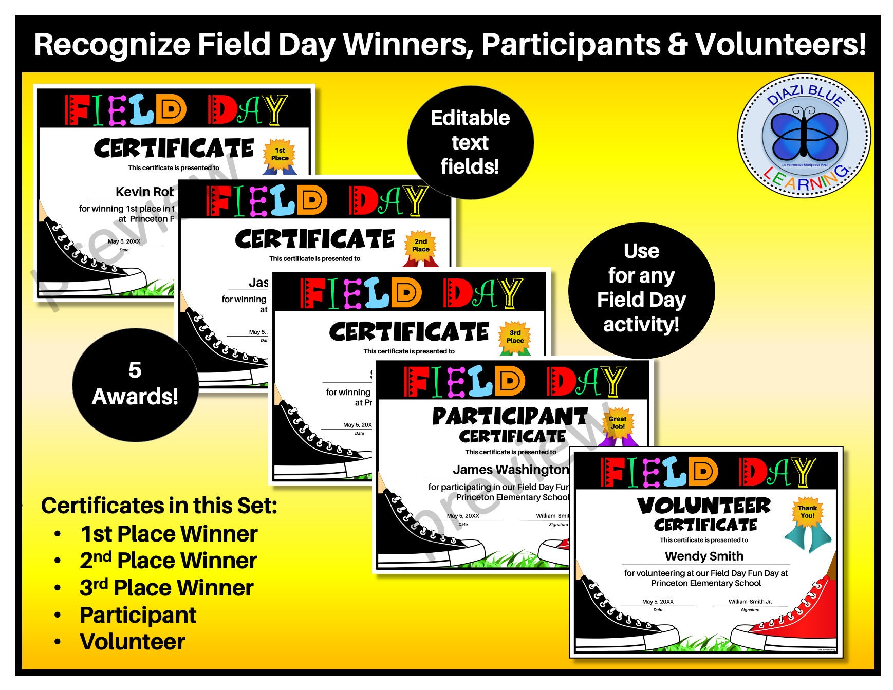 Field Day Award Set #3, Editable Field Day Certificate PDF, Field Day ...