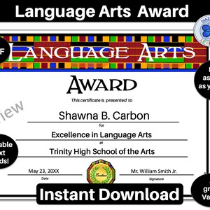 Kente Language Arts Award Certificate Editable Language Arts - Etsy
