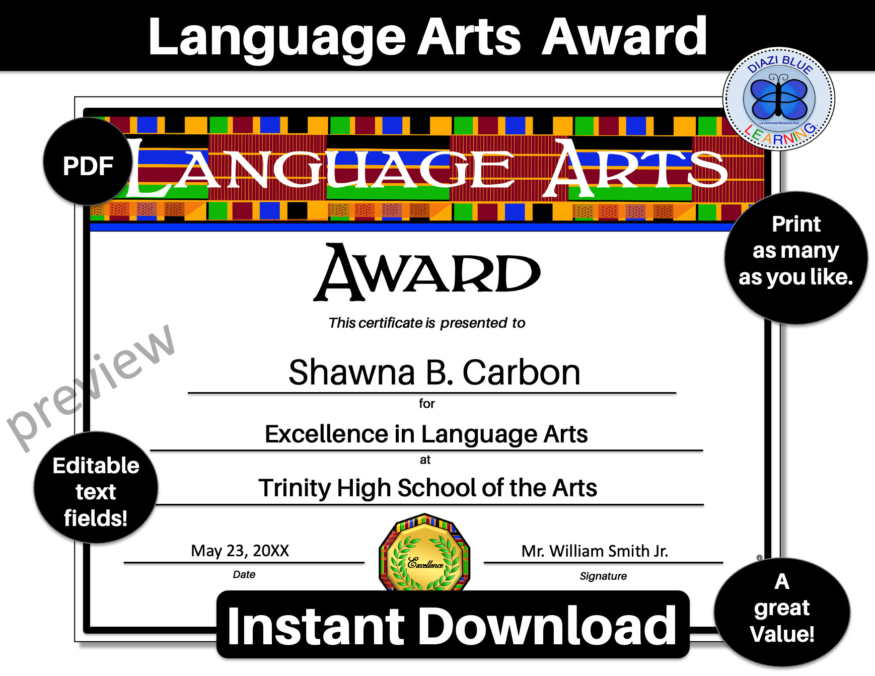 Kente Language Arts Award Certificate Editable Language Arts - Etsy