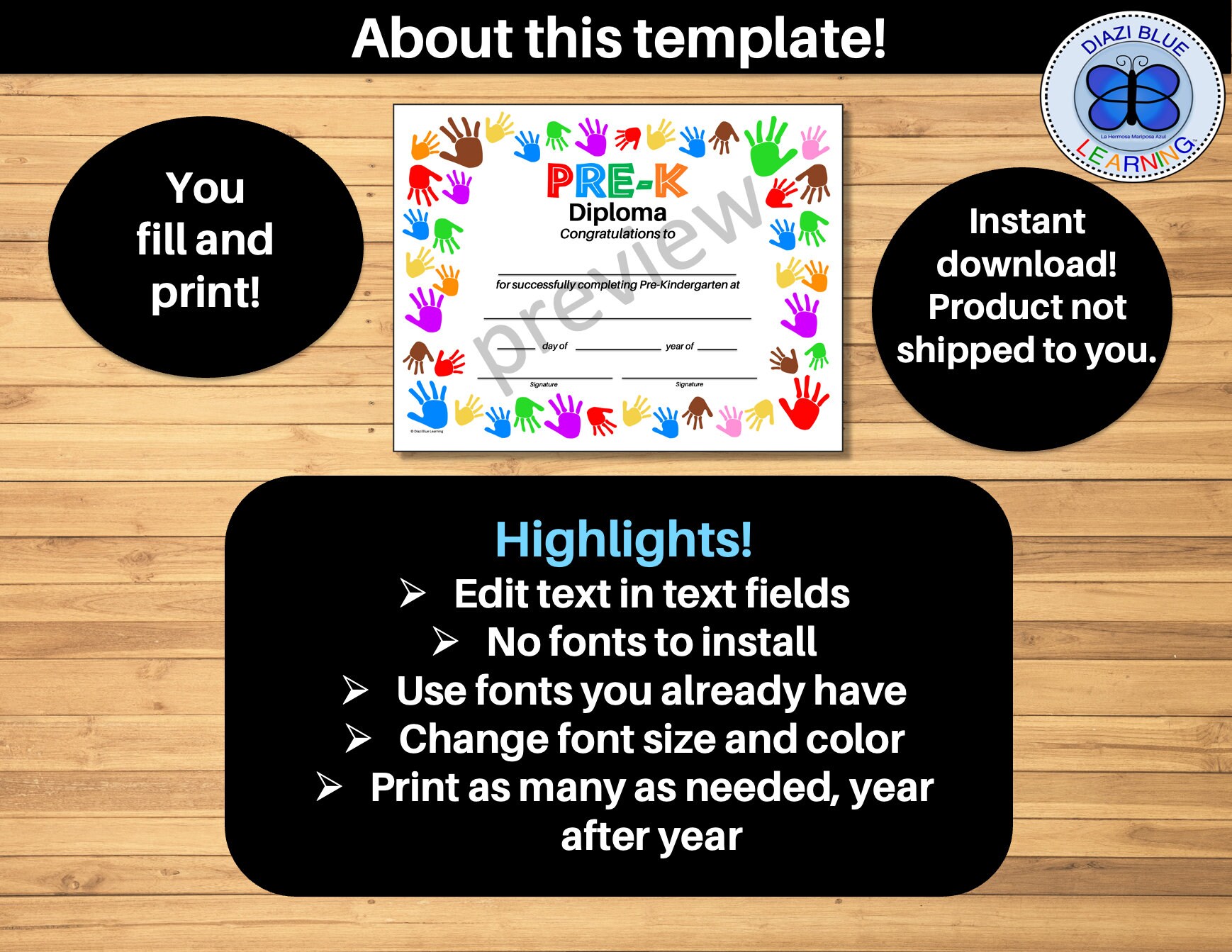 Pre-k Diploma, Pre-k Graduation Diploma, Fillable Prekindergarten ...