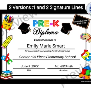 Pre-k Diploma, Pre-k Graduation Diploma, Fillable Prekindergarten ...