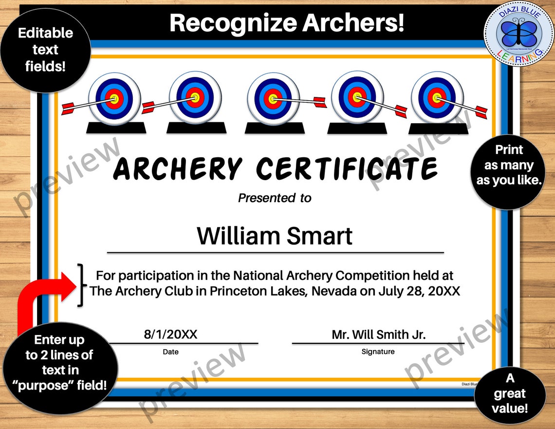 Archery Award, Editable Archery Certificate Award PDF, Archery ...