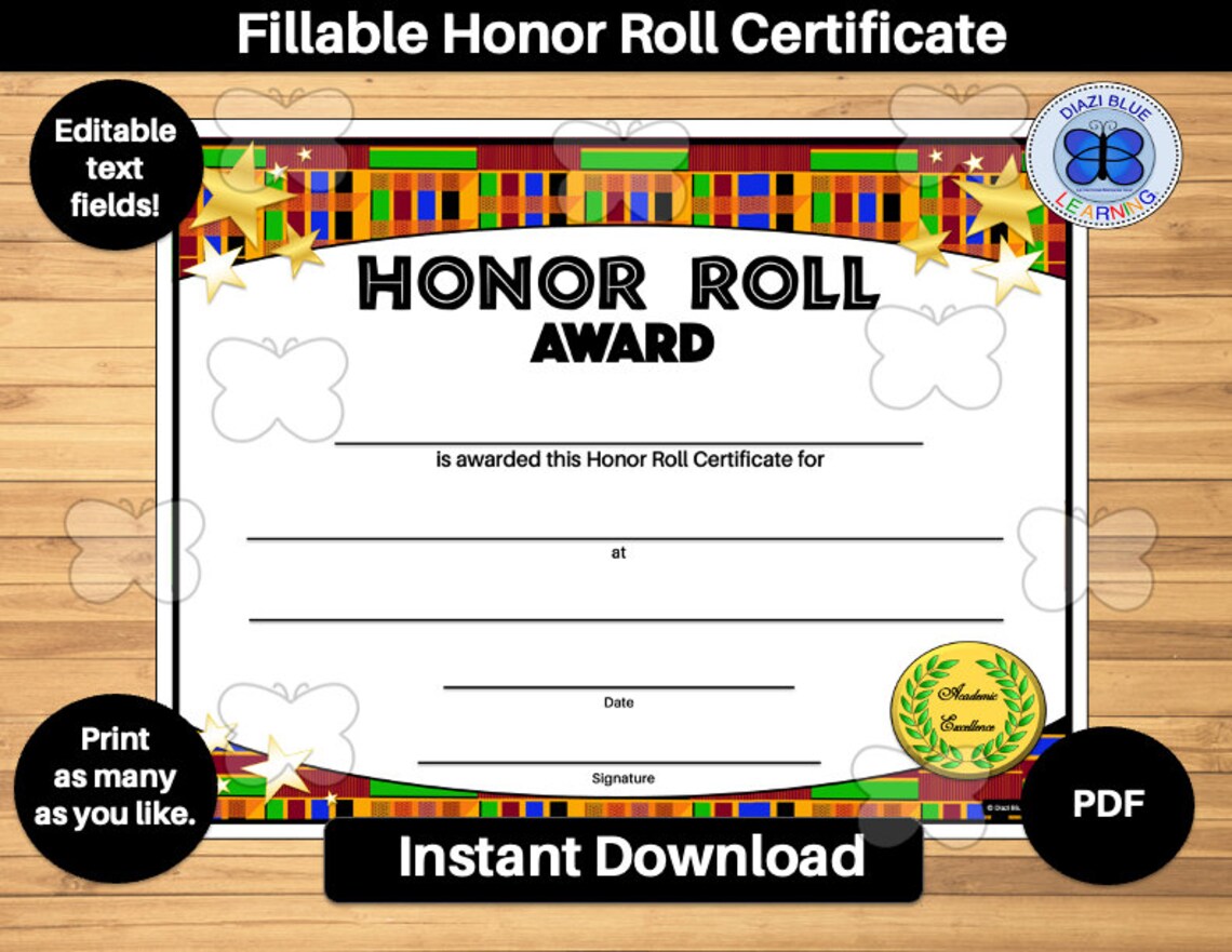 Kente Fillable Honor Roll PDF Certificate 1, Editable Kente Honor Roll ...