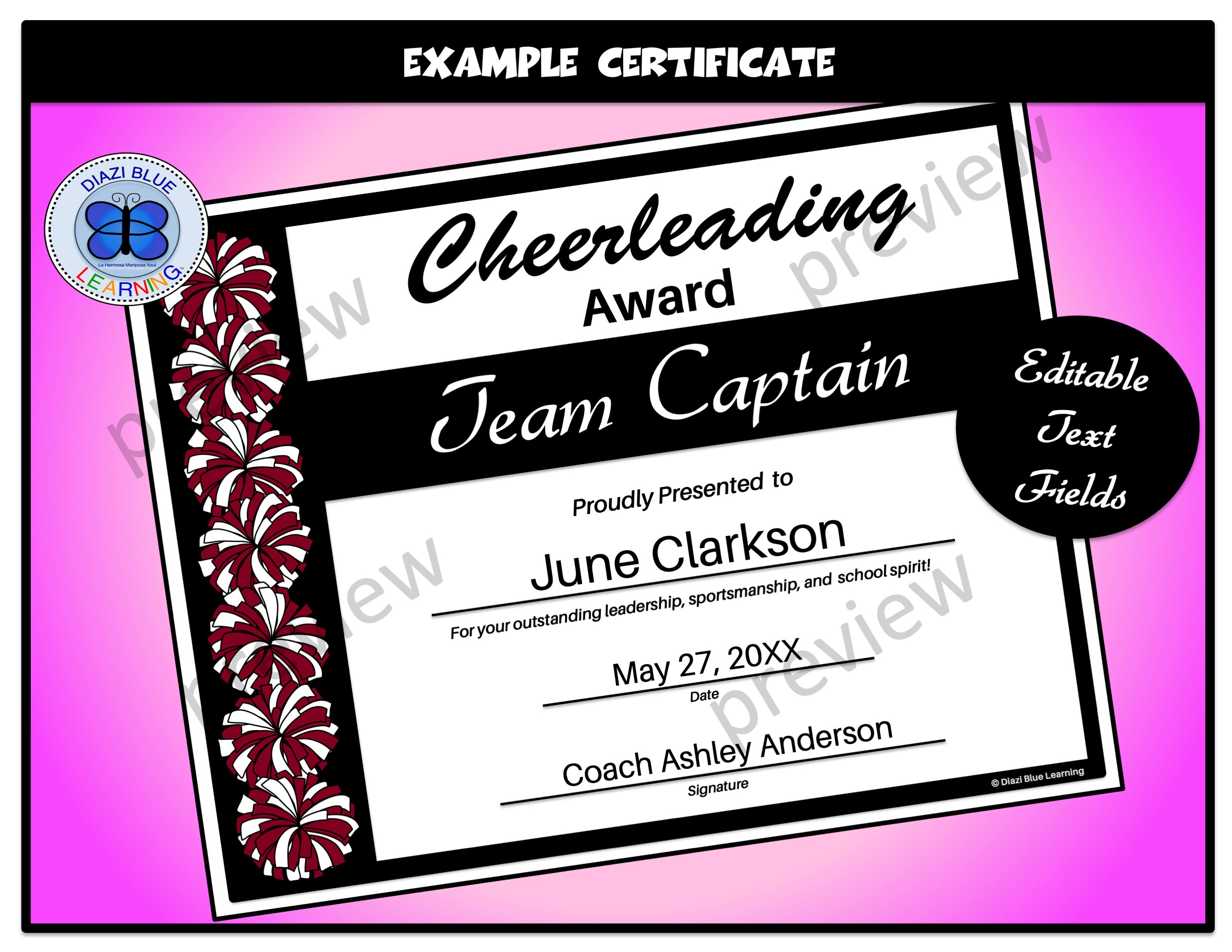 Burgundy and White Cheerleading Certificates, Cheerleading Awards ...