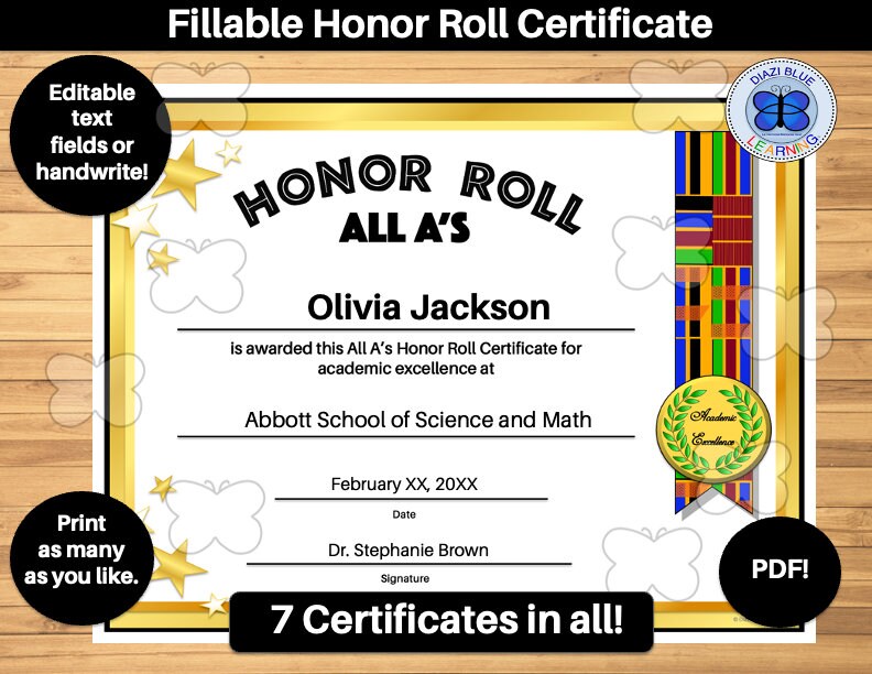 Set of 7 Kente Fillable Honor Roll PDF Certificates #2, Editable Kente ...