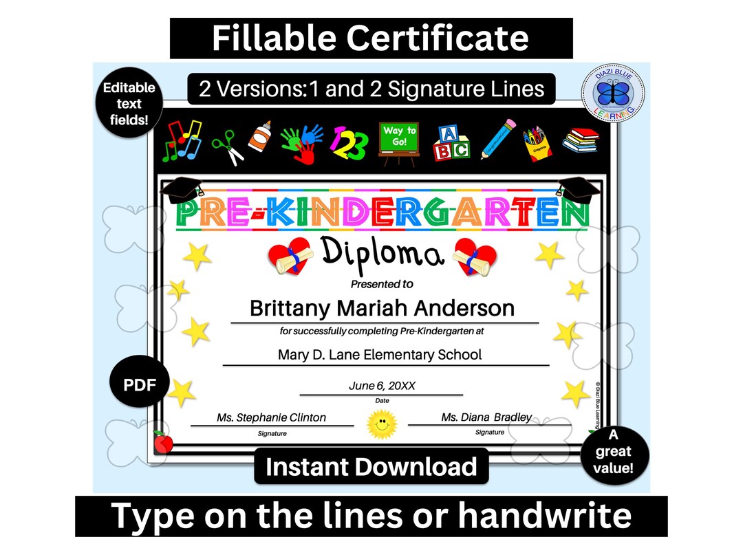 Pre-k Diploma, Pre-k Graduation Diploma, Fillable Prekindergarten ...