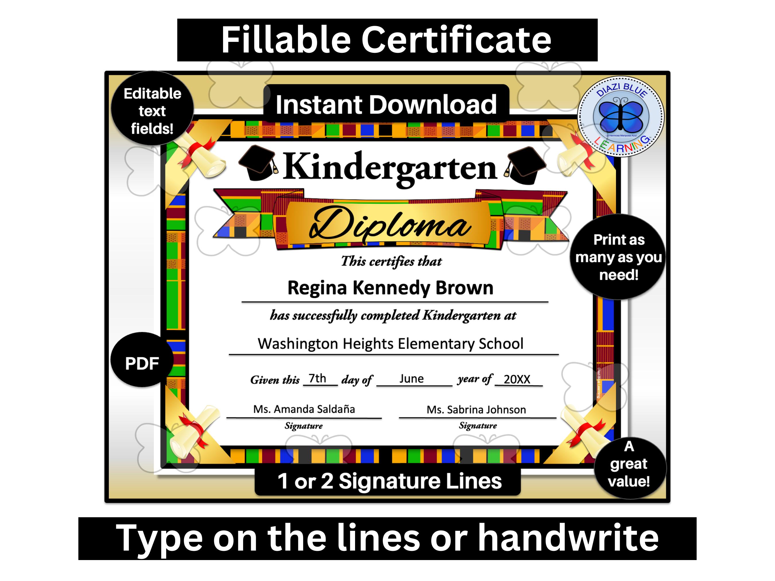 Kindergarten Graduation Diploma, Kente Editable Kinder Diploma, 1 or 2 ...