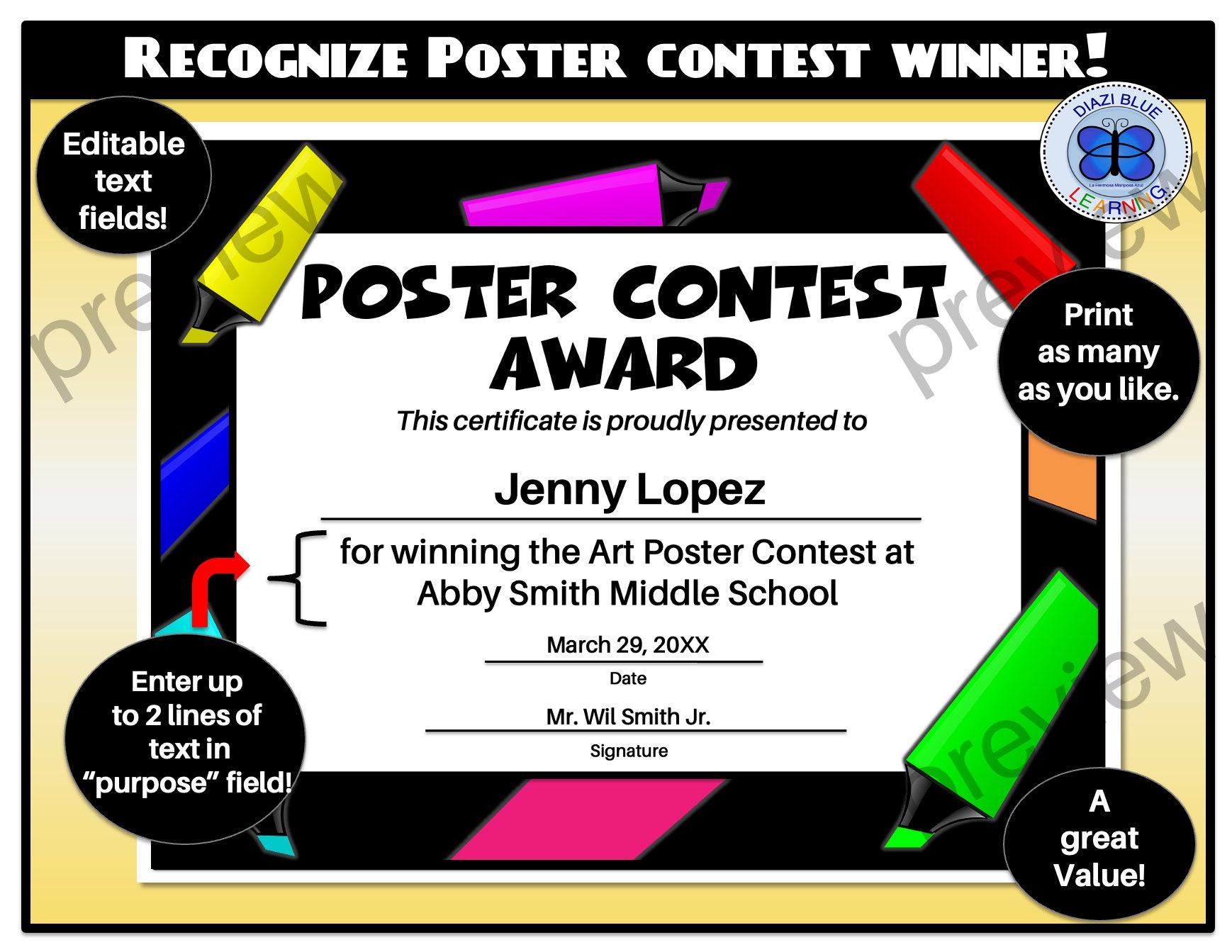 Poster Contest Award, Editable Poster Contest Certificate, PDF Poster ...