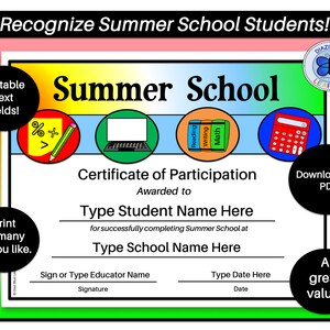Summer School Certificate Editable Summer School Certificate | Etsy