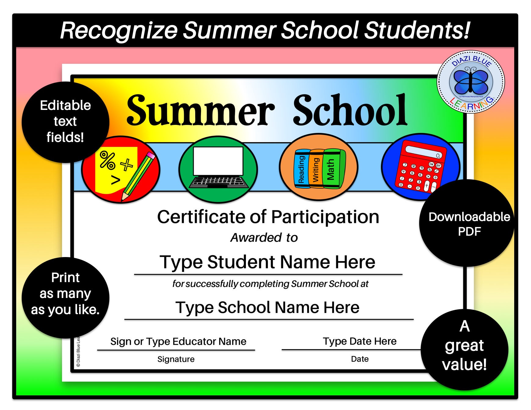 Summer School Certificate, Editable Summer School Certificate ...
