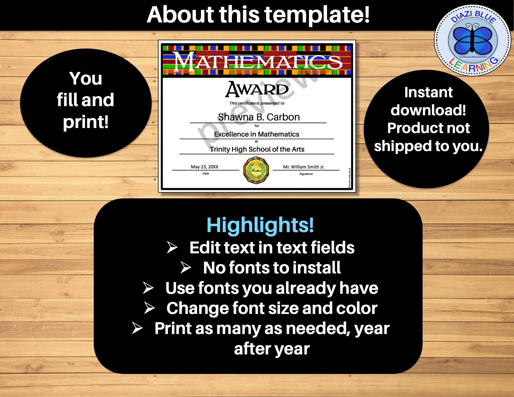 Kente Mathematics Award Certificate, Editable Math Certificate, School ...