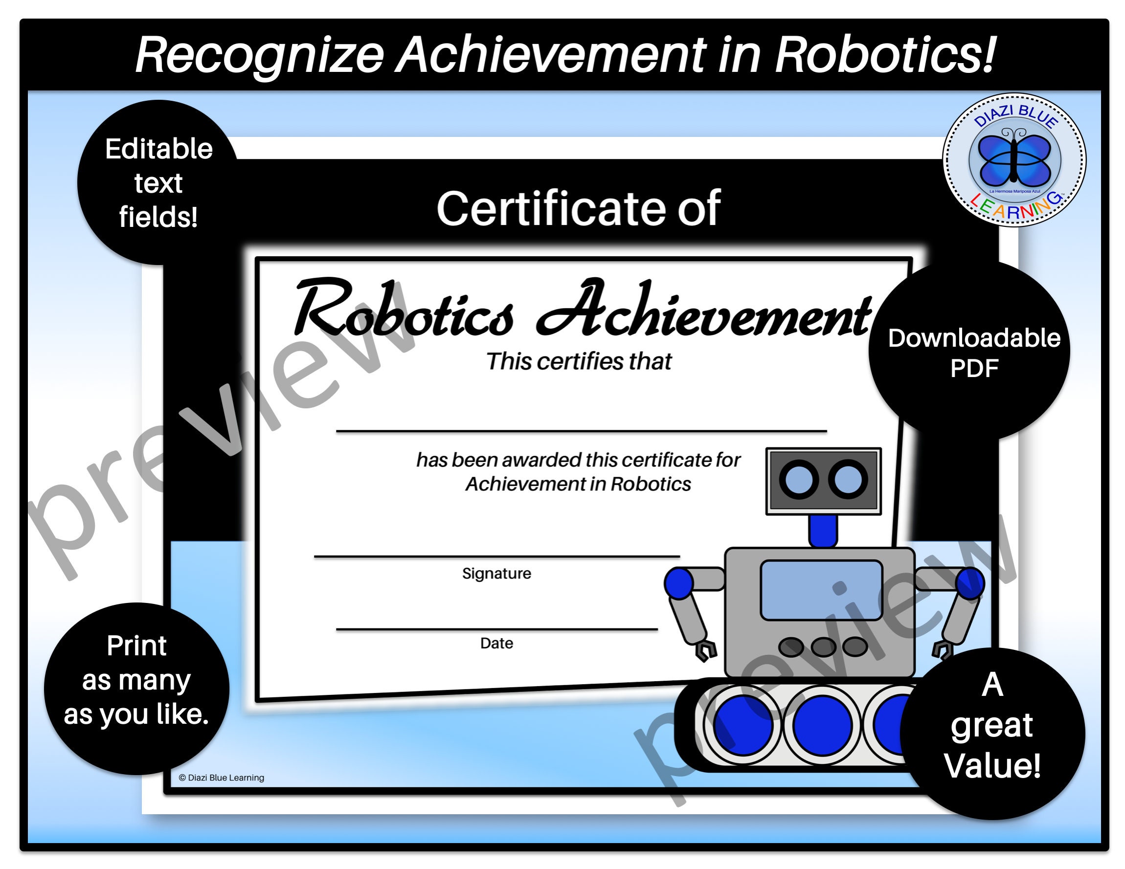 Robotics Award, Robotics Certificates, Editable Robotics Certificates ...