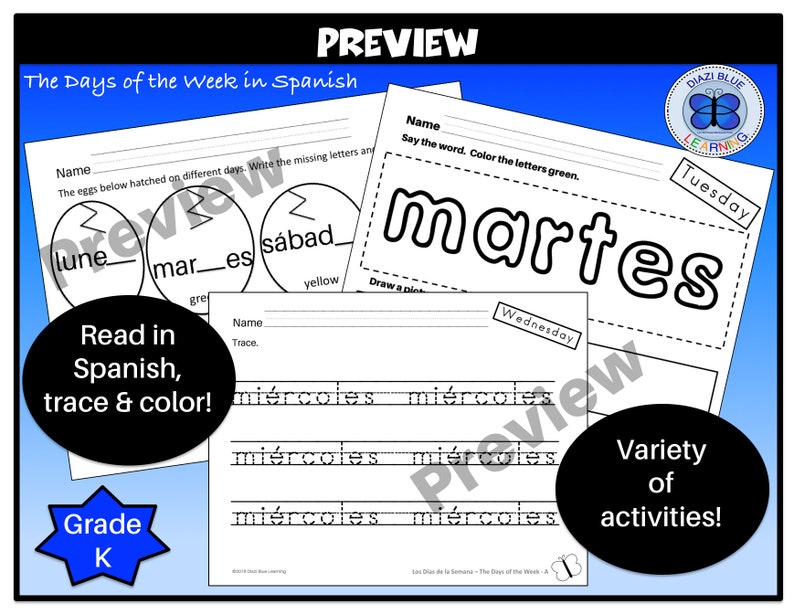 The Days of the Week in Spanish, Los Días De La Semana Kindergarten ...