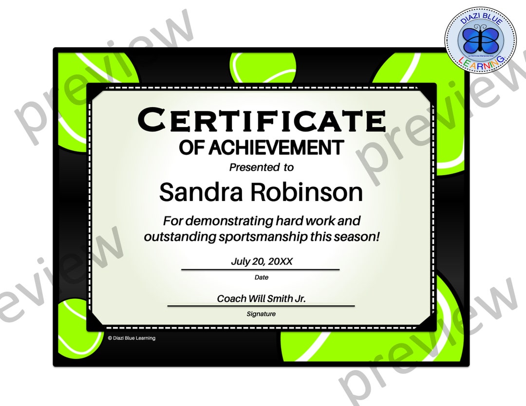 Editable Tennis Certificate, Tennis Certificate With 1 or 2 Signature ...