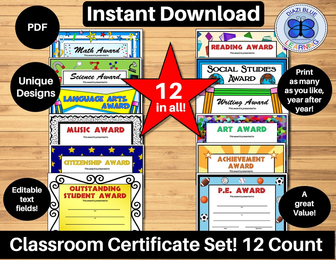 Classroom Set of 12 Certificates, End of School Year Certificates, 12 ...