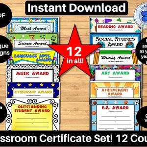 Classroom Set of 12 Certificates, End of School Year Certificates, 12 ...