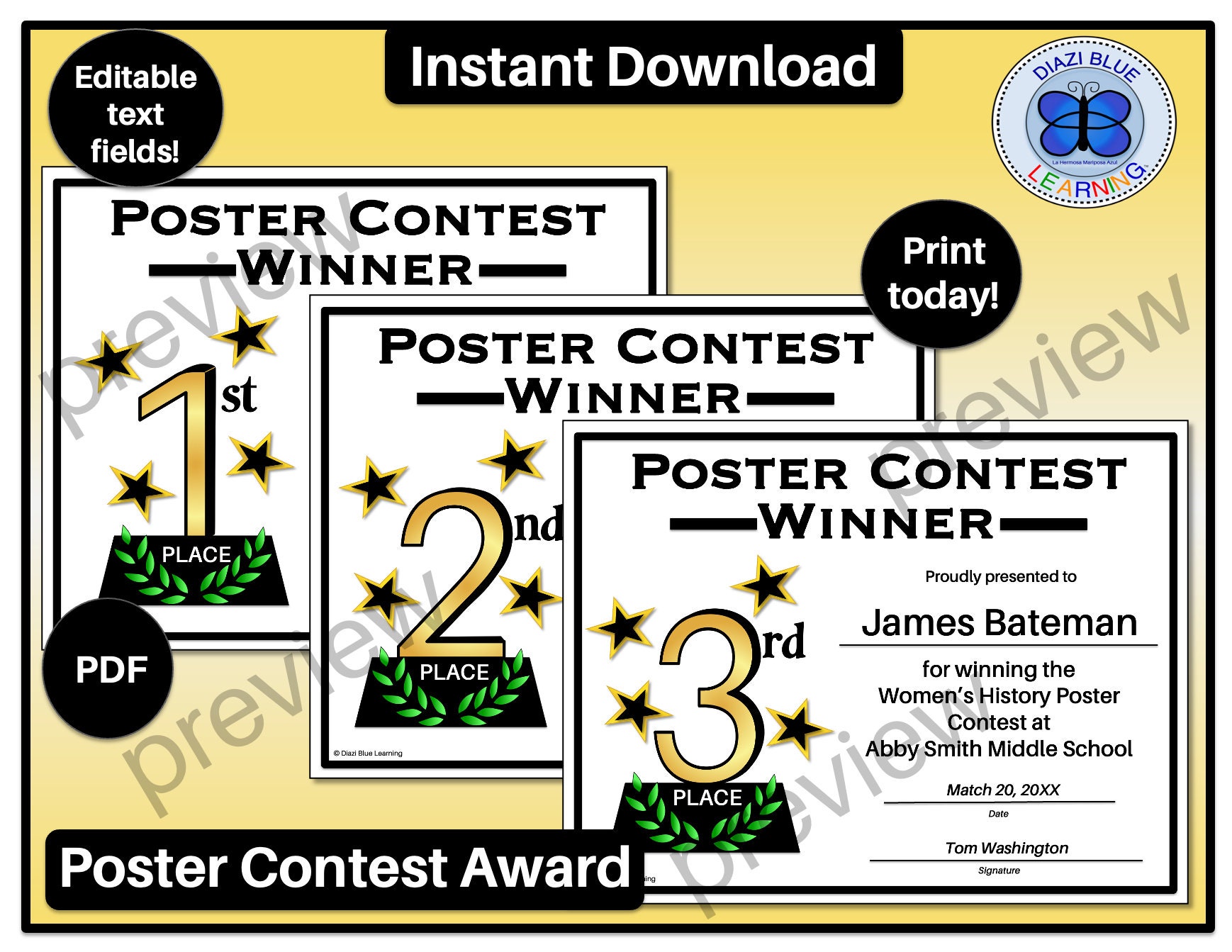Poster Contest Award, Editable Poster Contest Certificate, PDF Poster ...